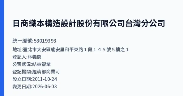日商織本構造設計股份有限公司台灣分公司的照片-統編 53019393(臺北市) 公司登記資料與營業項目詳細圖表