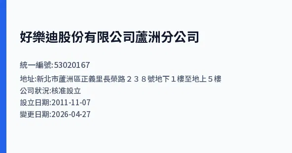 好樂迪股份有限公司蘆洲分公司的照片-統編 53020167(新北市) 公司登記資料與營業項目詳細圖表