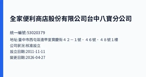 全家便利商店股份有限公司台中八寶分公司的照片-統編 53020379(臺中市) 公司登記資料與營業項目詳細圖表