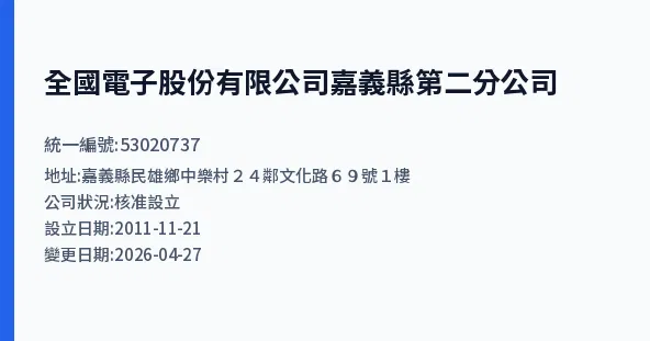 全國電子股份有限公司嘉義縣第二分公司的照片-統編 53020737(嘉義縣) 公司登記資料與營業項目詳細圖表