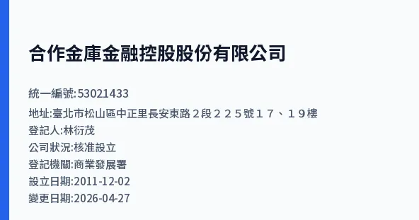 合作金庫金融控股股份有限公司的照片-統編 53021433(臺北市) 公司登記資料與營業項目詳細圖表