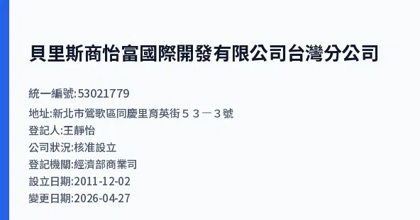 貝里斯商怡富國際開發有限公司台灣分公司的照片-統編 53021779(新北市) 公司登記資料與營業項目詳細圖表