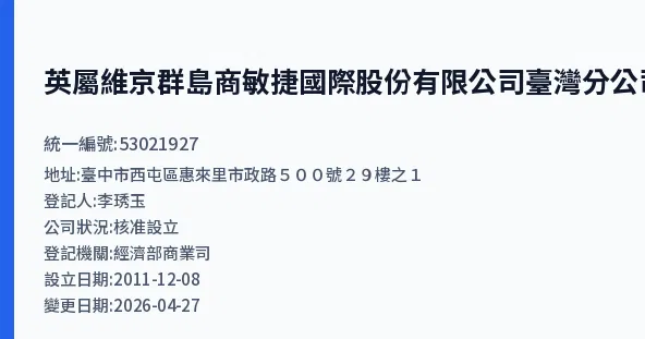 英屬維京群島商敏捷國際股份有限公司臺灣分公司的照片-統編 53021927(臺中市) 公司登記資料與營業項目詳細圖表