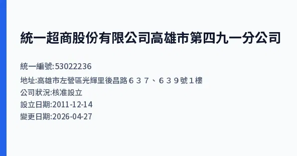 統一超商股份有限公司高雄市第四九一分公司的照片-統編 53022236(高雄市) 公司登記資料與營業項目詳細圖表