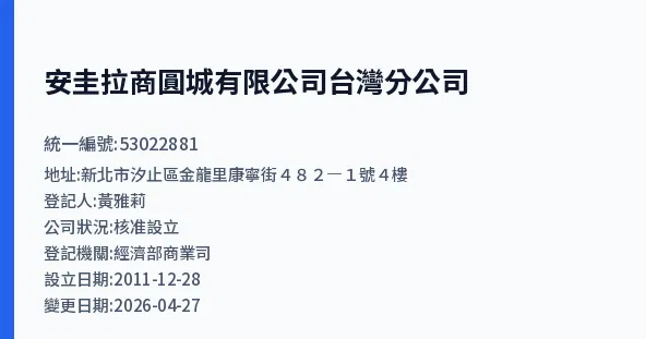 安圭拉商圓城有限公司台灣分公司的照片-統編 53022881(新北市) 公司登記資料與營業項目詳細圖表