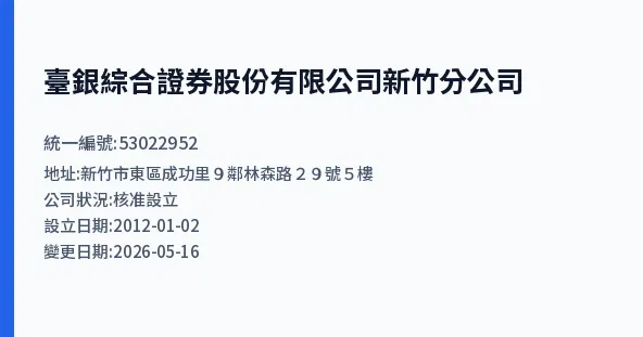 臺銀綜合證券股份有限公司新竹分公司的照片-統編 53022952(新竹市) 公司登記資料與營業項目詳細圖表