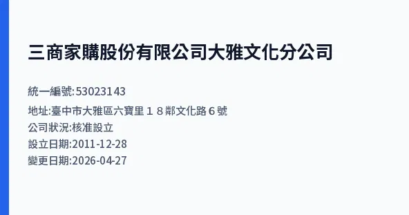 三商家購股份有限公司大雅文化分公司的照片-統編 53023143(臺中市) 公司登記資料與營業項目詳細圖表