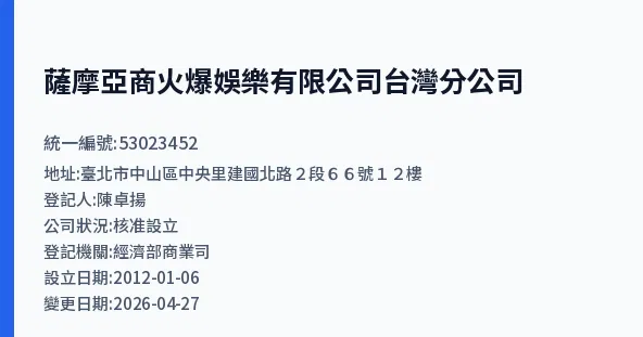 薩摩亞商火爆娛樂有限公司台灣分公司的照片-統編 53023452(臺北市) 公司登記資料與營業項目詳細圖表
