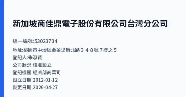 新加坡商佳鼎電子股份有限公司台灣分公司的照片-統編 53023734(桃園市) 公司登記資料與營業項目詳細圖表