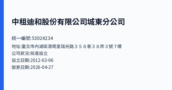 中租迪和股份有限公司城東分公司的照片-統編 53024234(臺北市) 公司登記資料與營業項目詳細圖表