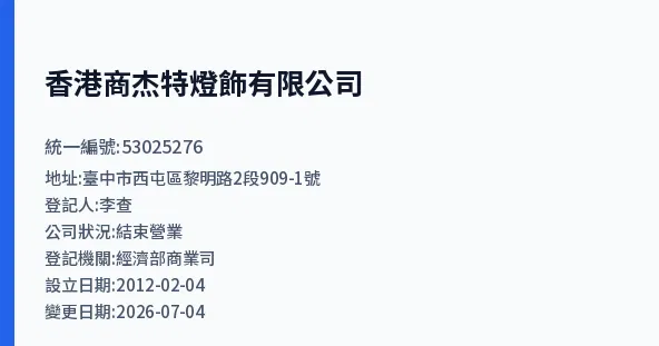 香港商杰特燈飾有限公司的照片-統編 53025276(臺中市) 公司登記資料與營業項目詳細圖表