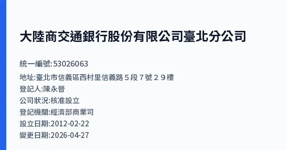 大陸商交通銀行股份有限公司臺北分公司的照片-統編 53026063(臺北市) 公司登記資料與營業項目詳細圖表