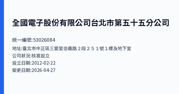 全國電子股份有限公司台北市第五十五分公司的照片-統編 53026084(臺北市) 公司登記資料與營業項目詳細圖表