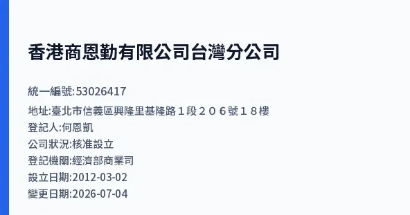 香港商恩勤有限公司台灣分公司的照片-統編 53026417(臺北市) 公司登記資料與營業項目詳細圖表