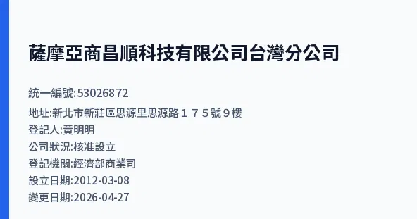 薩摩亞商昌順科技有限公司台灣分公司的照片-統編 53026872(新北市) 公司登記資料與營業項目詳細圖表