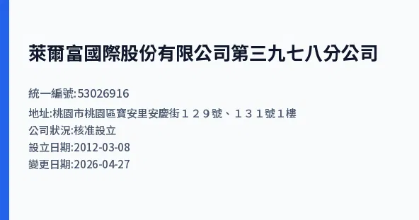 萊爾富國際股份有限公司第三九七八分公司的照片-統編 53026916(桃園市) 公司登記資料與營業項目詳細圖表
