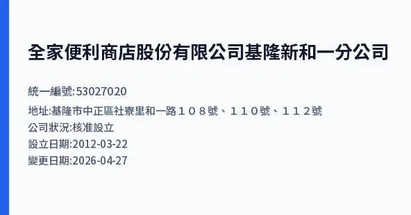 全家便利商店股份有限公司基隆新和一分公司的照片-統編 53027020(基隆市) 公司登記資料與營業項目詳細圖表