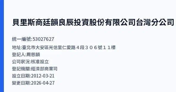 貝里斯商廷韻良辰投資股份有限公司台灣分公司的照片-統編 53027627(臺北市) 公司登記資料與營業項目詳細圖表