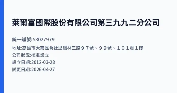 萊爾富國際股份有限公司第三九九二分公司的照片-統編 53027979(高雄市) 公司登記資料與營業項目詳細圖表