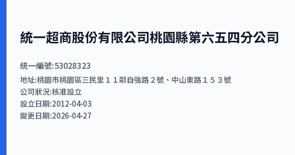 統一超商股份有限公司桃園縣第六五四分公司的照片-統編 53028323(桃園市) 公司登記資料與營業項目詳細圖表