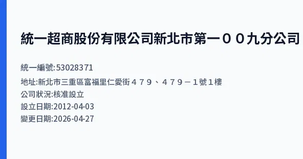 統一超商股份有限公司新北市第一00九分公司的照片-統編 53028371(新北市) 公司登記資料與營業項目詳細圖表