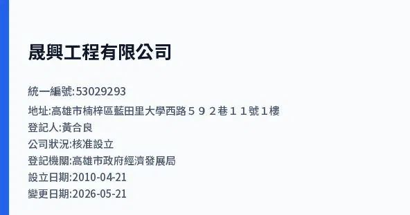 晟興工程有限公司的照片-統編 53029293(高雄市) 公司登記資料與營業項目詳細圖表