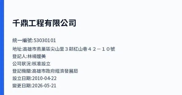 千鼎工程有限公司的照片-統編 53030101(高雄市) 公司登記資料與營業項目詳細圖表