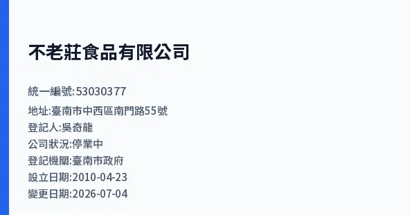不老莊食品有限公司的照片-統編 53030377(臺南市) 公司登記資料與營業項目詳細圖表
