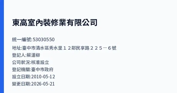 東高室內裝修業有限公司的照片-統編 53030550(臺中市) 公司登記資料與營業項目詳細圖表