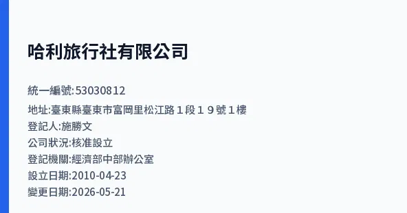 哈利旅行社有限公司的照片-統編 53030812(臺東縣) 公司登記資料與營業項目詳細圖表
