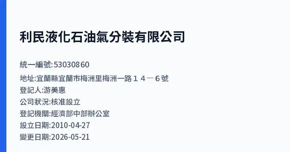 利民液化石油氣分裝有限公司的照片-統編 53030860(宜蘭縣) 公司登記資料與營業項目詳細圖表