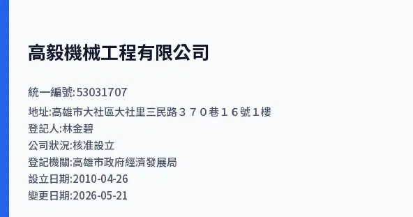 高毅機械工程有限公司的照片-統編 53031707(高雄市) 公司登記資料與營業項目詳細圖表
