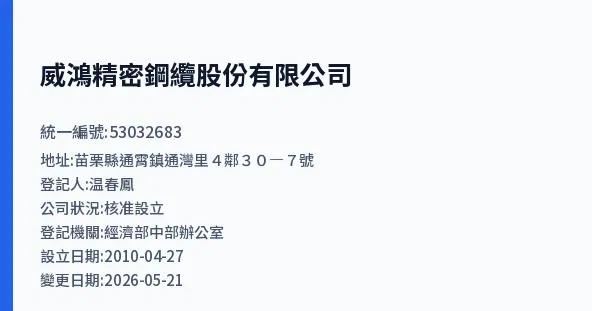 威鴻精密鋼纜股份有限公司的照片-統編 53032683(苗栗縣) 公司登記資料與營業項目詳細圖表