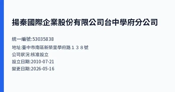 揚秦國際企業股份有限公司台中學府分公司的照片-統編 53035838(臺中市) 公司登記資料與營業項目詳細圖表