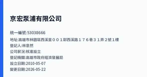 京宏泵浦有限公司的照片-統編 53038666(高雄市) 公司登記資料與營業項目詳細圖表