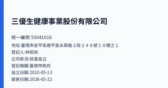 三優生健康事業股份有限公司的照片-統編 53041016(臺南市) 公司登記資料與營業項目詳細圖表