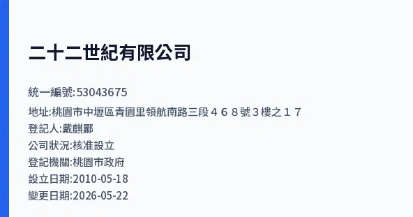 二十二世紀有限公司的照片-統編 53043675(桃園市) 公司登記資料與營業項目詳細圖表