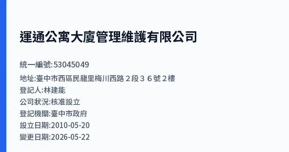 運通公寓大廈管理維護有限公司的照片-統編 53045049(臺中市) 公司登記資料與營業項目詳細圖表