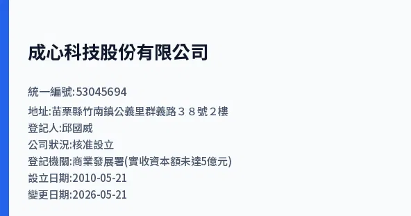 成心科技股份有限公司的照片-統編 53045694(苗栗縣) 公司登記資料與營業項目詳細圖表