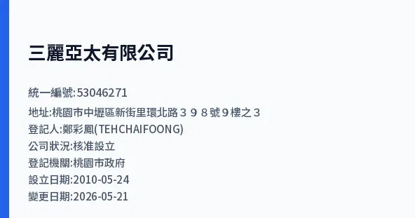 三麗亞太有限公司的照片-統編 53046271(桃園市) 公司登記資料與營業項目詳細圖表