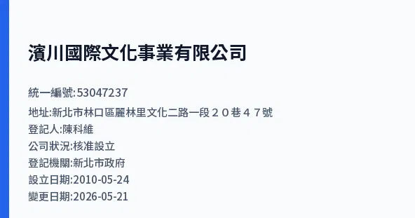 濱川國際文化事業有限公司的照片-統編 53047237(新北市) 公司登記資料與營業項目詳細圖表