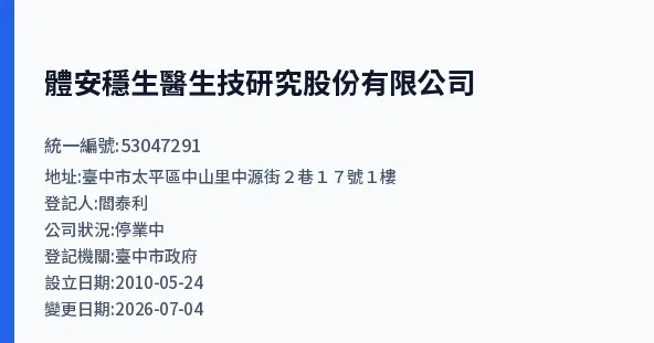 體安穩生醫生技研究股份有限公司的照片-統編 53047291(臺中市) 公司登記資料與營業項目詳細圖表