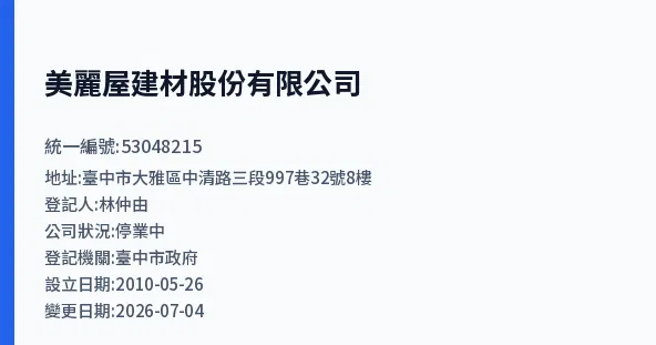 美麗屋建材股份有限公司的照片-統編 53048215(臺中市) 公司登記資料與營業項目詳細圖表