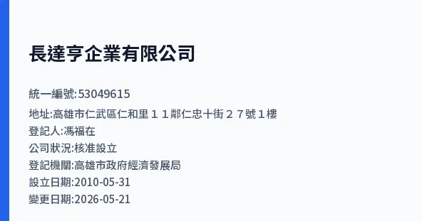 長達亨企業有限公司的照片-統編 53049615(高雄市) 公司登記資料與營業項目詳細圖表