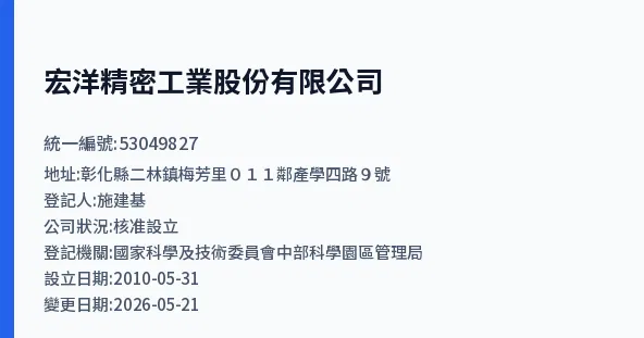 宏洋精密工業股份有限公司的照片-統編 53049827(彰化縣) 公司登記資料與營業項目詳細圖表