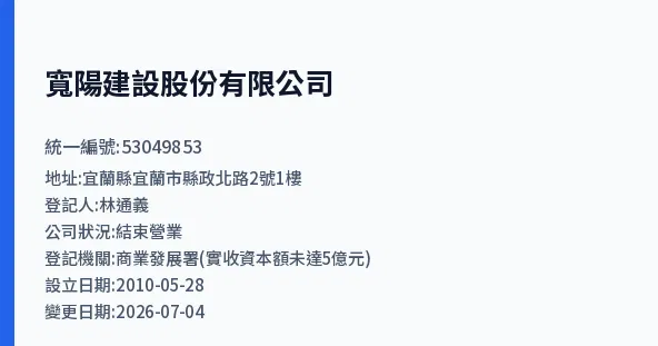 寬陽建設股份有限公司的照片-統編 53049853(宜蘭縣) 公司登記資料與營業項目詳細圖表