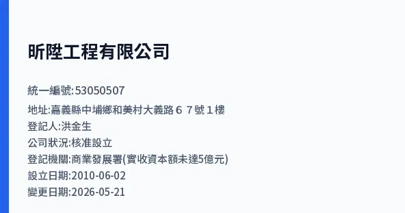 昕陞工程有限公司的照片-統編 53050507(嘉義縣) 公司登記資料與營業項目詳細圖表