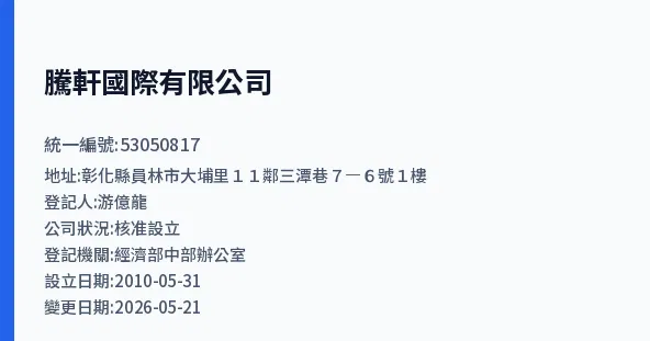 騰軒國際有限公司的照片-統編 53050817(彰化縣) 公司登記資料與營業項目詳細圖表