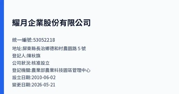 耀月企業股份有限公司的照片-統編 53052218(屏東縣) 公司登記資料與營業項目詳細圖表