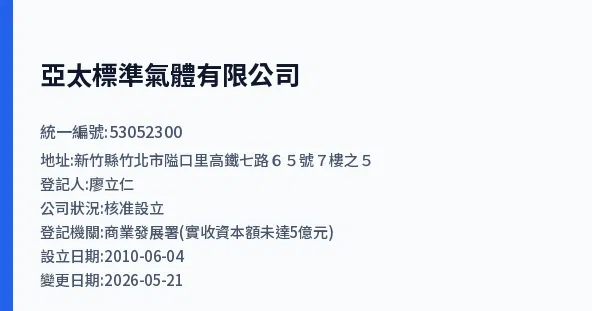 亞太標準氣體有限公司的照片-統編 53052300(新竹縣) 公司登記資料與營業項目詳細圖表